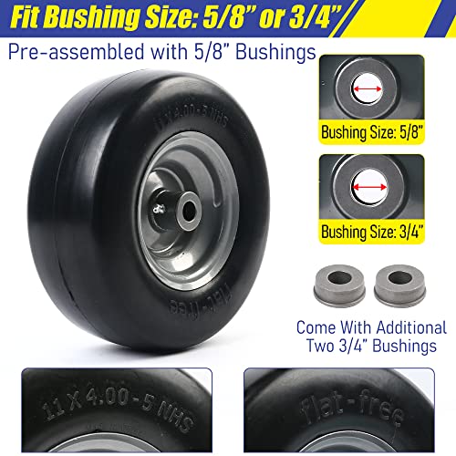 LotFancy 11x4.00-5β Lawn Mower Tire on Wheel, Flat Free, 5/8" or 3/4" Bushings, 3.4"-4"-4.5"-5" Centered Hub, Smooth Tread Tire for Zero Turn Mowers