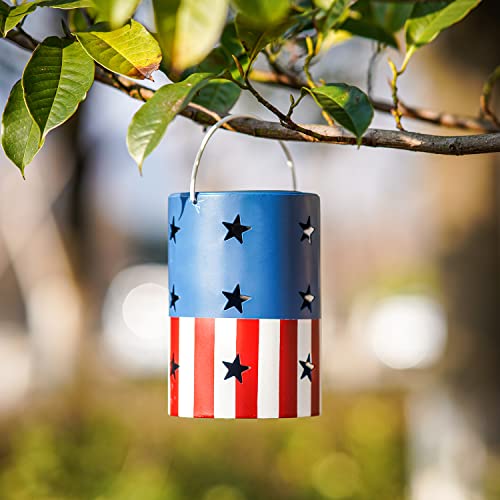 Patriotic Lantern Hanging Solar Lantern American Patriotic Independence Day Garden Lantern Outdoor Lantern Decorative Waterproof LED Solar Patriotic Flag Lights Garden Stakes Tabletop Lamp