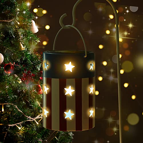 Patriotic Lantern Hanging Solar Lantern American Patriotic Independence Day Garden Lantern Outdoor Lantern Decorative Waterproof LED Solar Patriotic Flag Lights Garden Stakes Tabletop Lamp