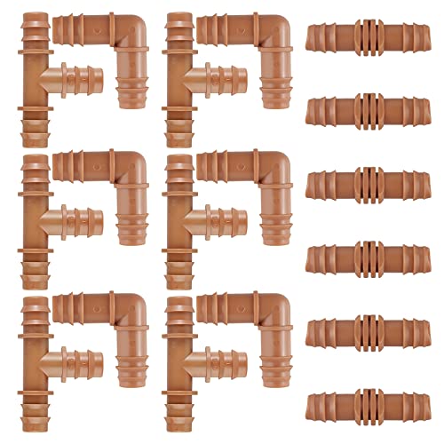 18PCS Irrigation Fittings Kit for 1/2" Tubing (0.520-0.600" ID) Drip Line Connectors - 6 Tees 6 Couplings 6 Elbows, Drip Irrigation Fitting Set Drip or Sprinkler Systems