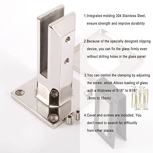 PHASFBJ 10pcs Stainless Steel Square Glass Clamp, Pool Fence Balustrade Post Clip, for Balcony Garden Deck, Balcony, Railings, Floor-Standing Heavy Duty Stainless Steel Stand,Silver