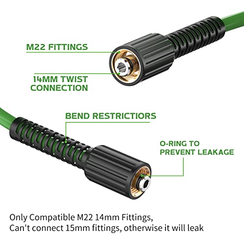 HNYRI Pressure Washer Hose 50FT x 1/4", Kink Resistant Power Washer Hose Replacement for M22 14mm End, 3600 psi Flexible High Pressure Extension Hose with Brass Female Thread for Power Washing