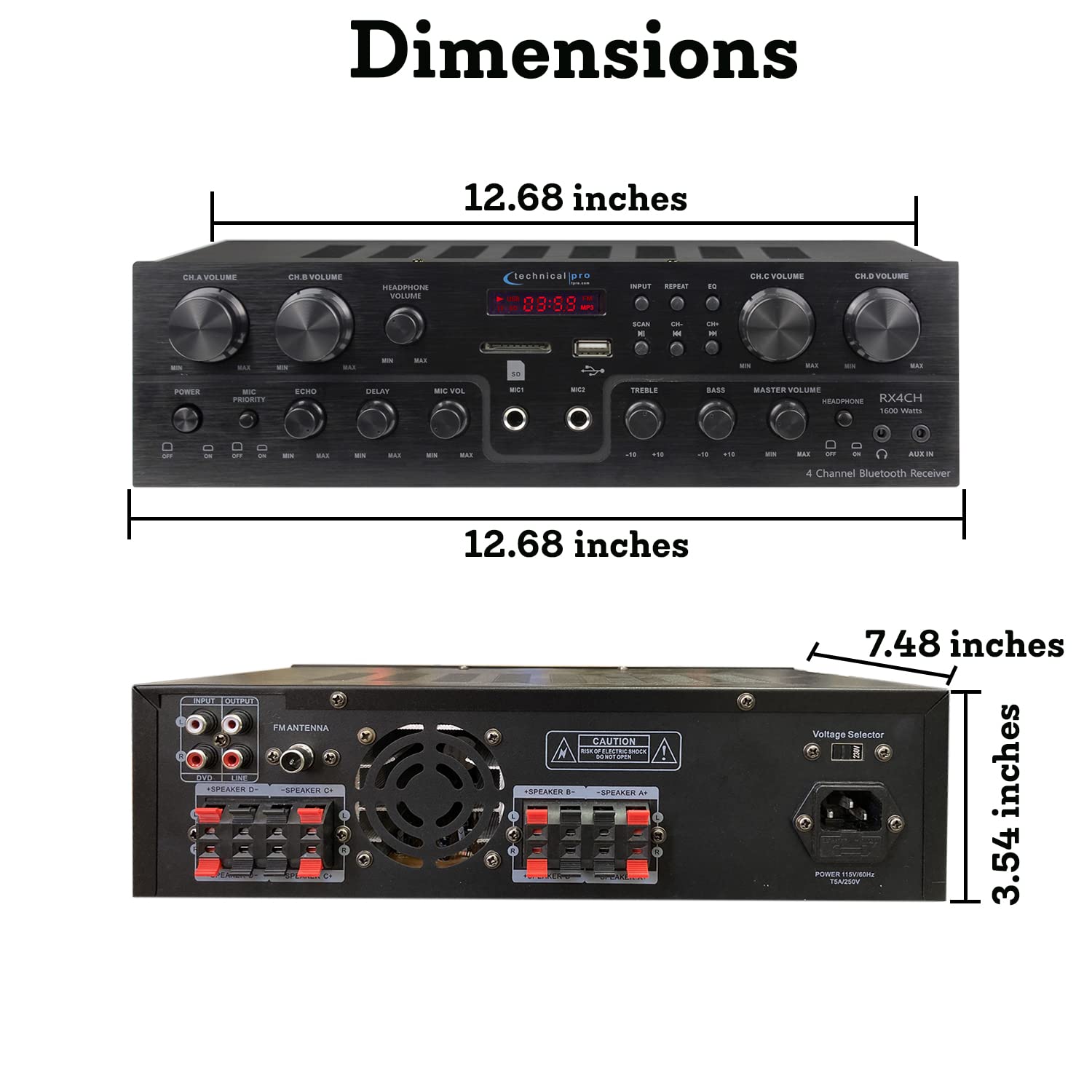 Technical Pro 4 Channel 1600 Watts 8 Speaker Bluetooth Home Theater Receiver System w/ 4 Pairs of 5.25โ Ceiling Wall Mount 2-Way Mid Bass Woofer Ceiling Speakers - Home Theater Kit