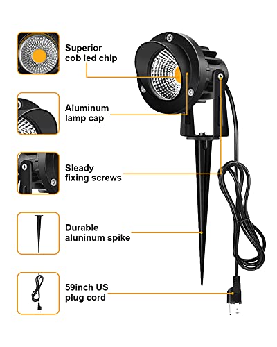 Romwish LED Landscape Spotlights, 10W Outdoor Spotlights for Yard, 3000K Warm White, 120V AC Spot Light with Ground Spike, Waterproof Landscape Lighting for House Garden Lawn Decorative - 2 Pack