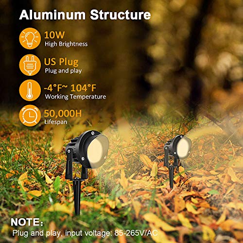 Romwish LED Landscape Spotlights, 10W Outdoor Spotlights for Yard, 3000K Warm White, 120V AC Spot Light with Ground Spike, Waterproof Landscape Lighting for House Garden Lawn Decorative - 2 Pack