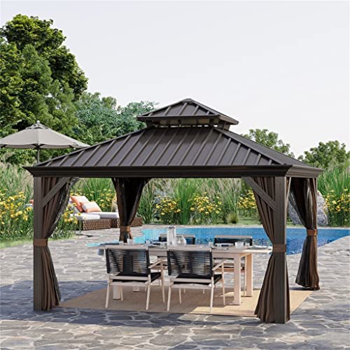ZZBJ 12'x12' Metal Roof Gazebo Canopy with Curtains and Netting, Outdoor Hardtop Gazebo with Aluminum Frame for Backyards