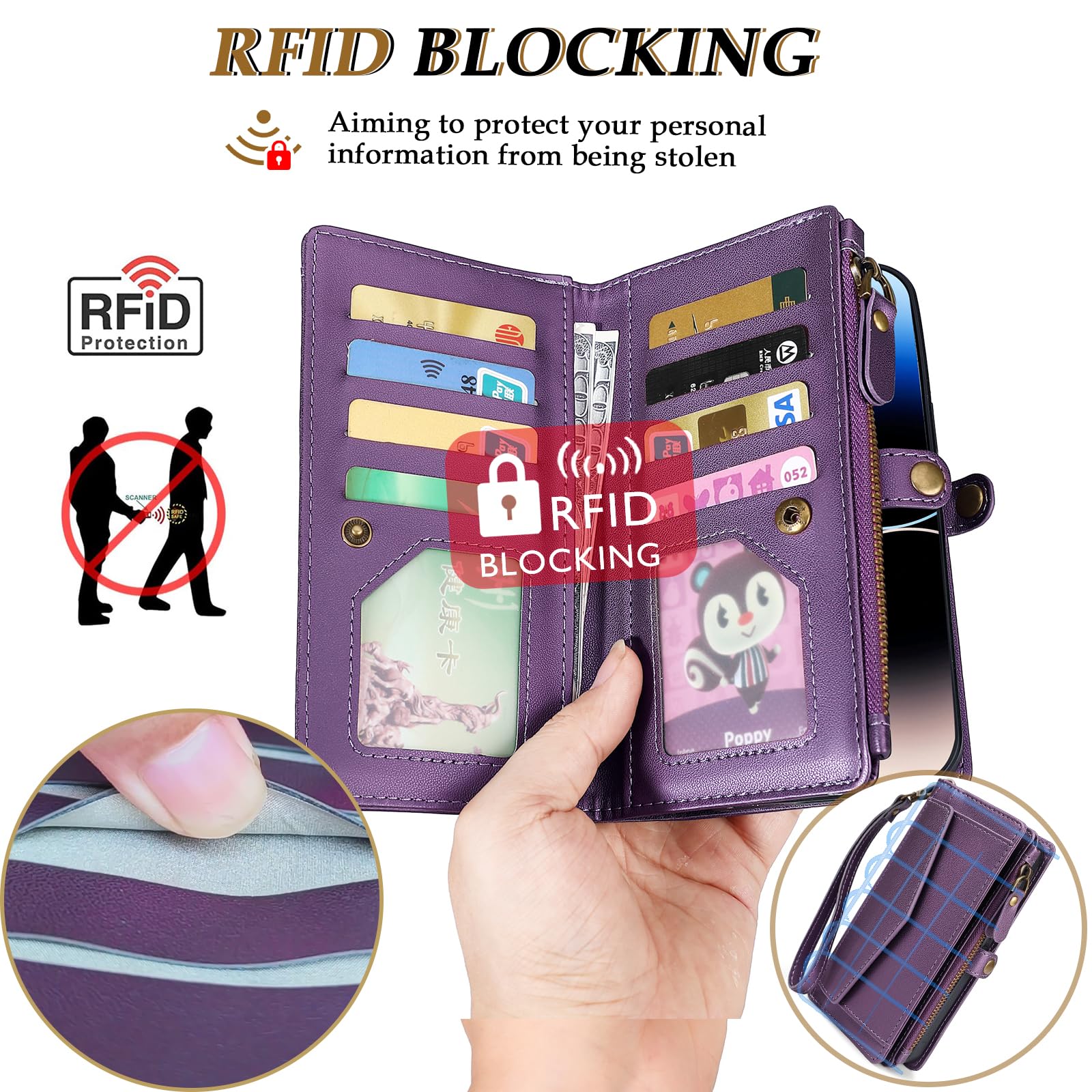 DKDKSIP for Samsung Galaxy S23 Ultra Wallet Case for Women, [Wireless Charging] [RFID Blocking] [12 Card Holder], Leather Detachable Magnetic Strap Phone Case for Galaxy S23 Ultra 6.8", Purple