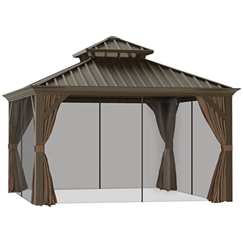 ZZBJ 12'x12' Metal Roof Gazebo Canopy with Curtains and Netting, Outdoor Hardtop Gazebo with Aluminum Frame for Backyards