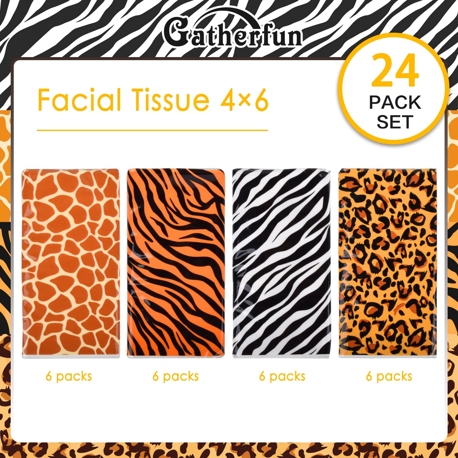 Jungle Safari Animal Print Pocket Pack, White Paper Facial Tissue 24 Pack