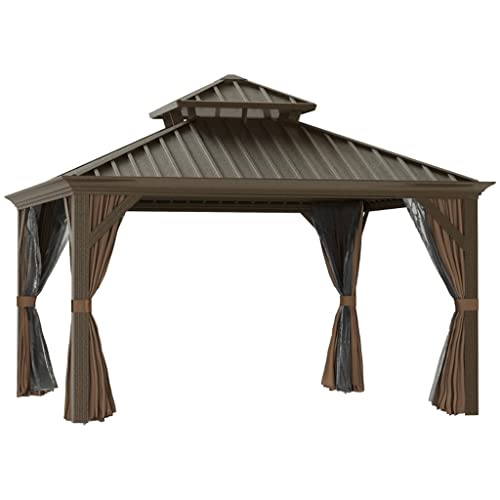 ZZBJ 12'x12' Metal Roof Gazebo Canopy with Curtains and Netting, Outdoor Hardtop Gazebo with Aluminum Frame for Backyards