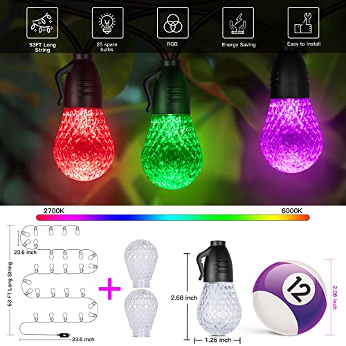 Outdoor String Lights 53FT RGB Color Changing Patio String Lights With App & Remote Control, 25 Bulbs Smart LED String Lights IP66 Waterproof Shatterproof 8 Scene Modes For Patio, Balcony, Garden