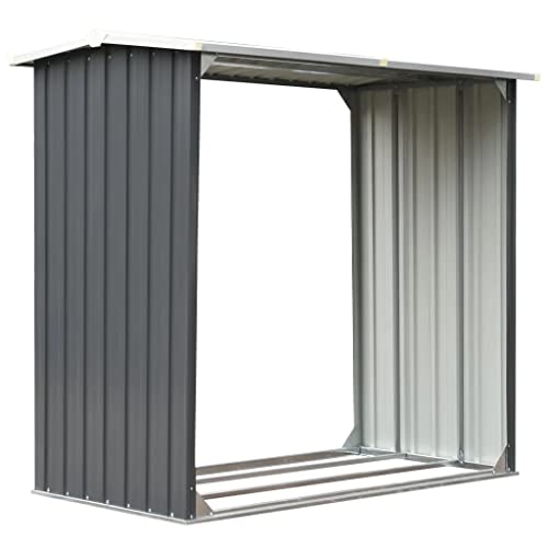 vidaXL Garden Log Storage Shed Heavy Duty Outdoor Backyard Timber Storage Cabin Firewood House Galvanized Steel 67.7" Gray