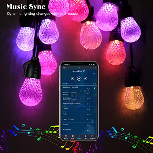 Outdoor String Lights 53FT RGB Color Changing Patio String Lights With App & Remote Control, 25 Bulbs Smart LED String Lights IP66 Waterproof Shatterproof 8 Scene Modes For Patio, Balcony, Garden