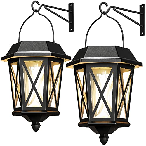 TEKLAPS Solar Wall Lantern Lights 2 Pack,Outdoor Hanging Solar Lights Decoration,Anti-Rust & Waterproof Stainless Wall Lights,Powder Coat Black + UV Protection with Glass Lampshade,3000K Warm