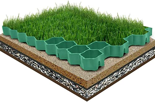 YUEWO Gravel Driveway Grid 1.9” Depth Flat-Interlocked Permeable Grass Pavers HDPE Green Plastic Shed Base for Parking Lot, Garden, Fire Lanes Cover 11 Sf.(1 Sm), 4 Pack