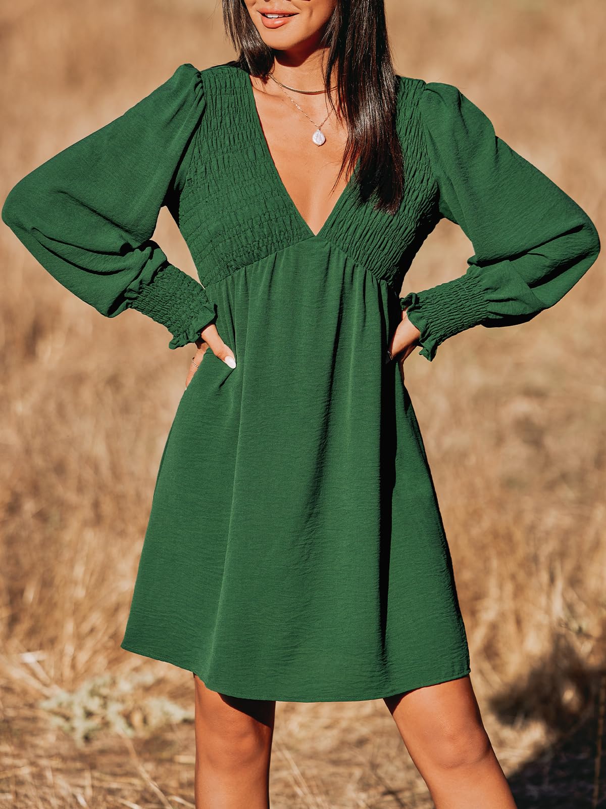 CUPSHE Women's Mini Dress Smocked V Neck Long Sleeve Empire Waist Casual A Line Green Dress