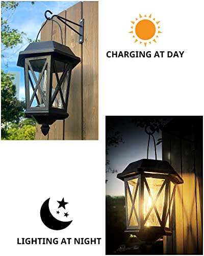 TEKLAPS Solar Wall Lantern Lights 2 Pack,Outdoor Hanging Solar Lights Decoration,Anti-Rust & Waterproof Stainless Wall Lights,Powder Coat Black + UV Protection with Glass Lampshade,3000K Warm