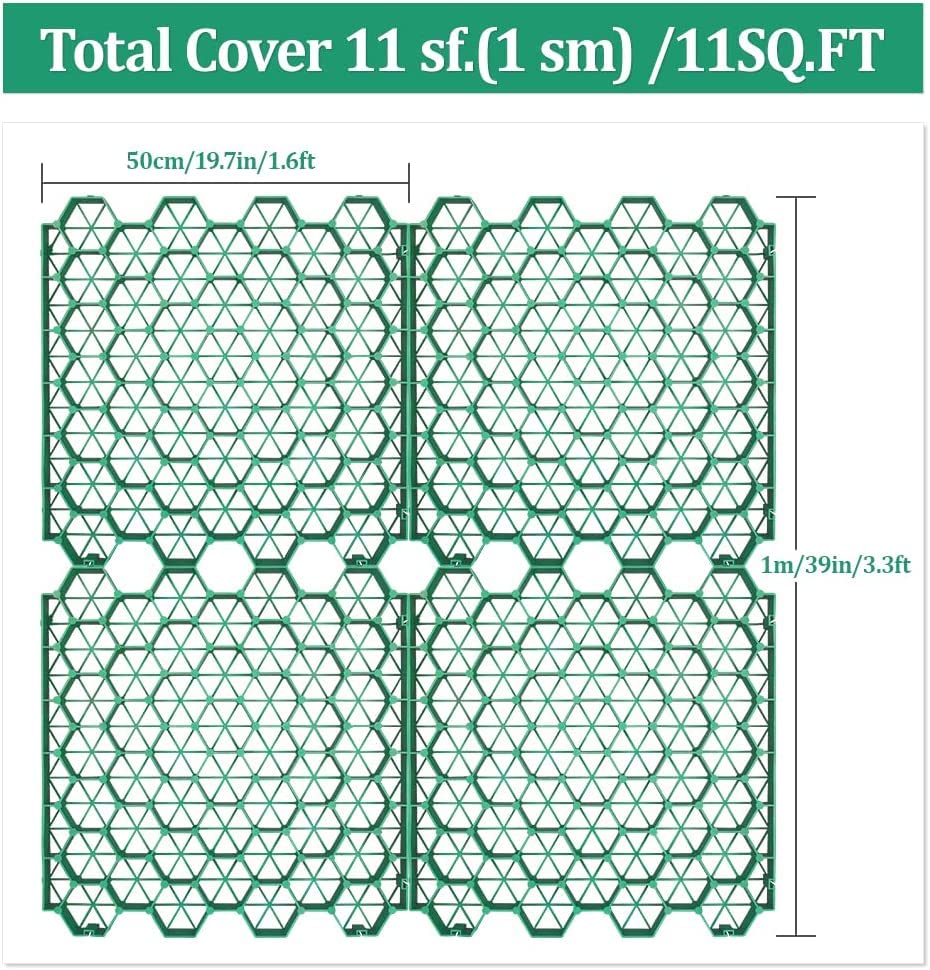 YUEWO Gravel Driveway Grid 1.9” Depth Flat-Interlocked Permeable Grass Pavers HDPE Green Plastic Shed Base for Parking Lot, Garden, Fire Lanes Cover 11 Sf.(1 Sm), 4 Pack