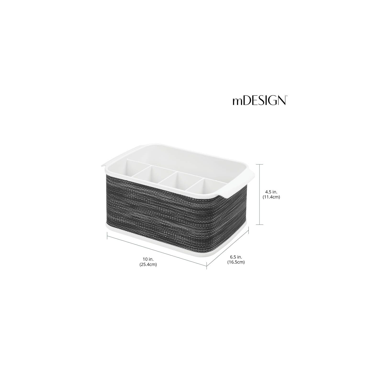 mDesign Plastic Cutlery Storage Organizer Caddy Tote Bin with Handles for Kitchen Cabinet or Pantry - Holds Forks, Knives, Spoons, Napkins - Indoor or Outdoor Use, Woven Accent - White/Graphite Gray
