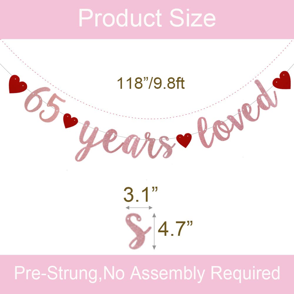 65 Years Loved Banner, Pre-Strung,Rose Gold Glitter Paper Garlands for 65th Birthday / Wedding Anniversary Party Decorations Supplies, No Assembly Required,Rose Gold,SUNbetterland