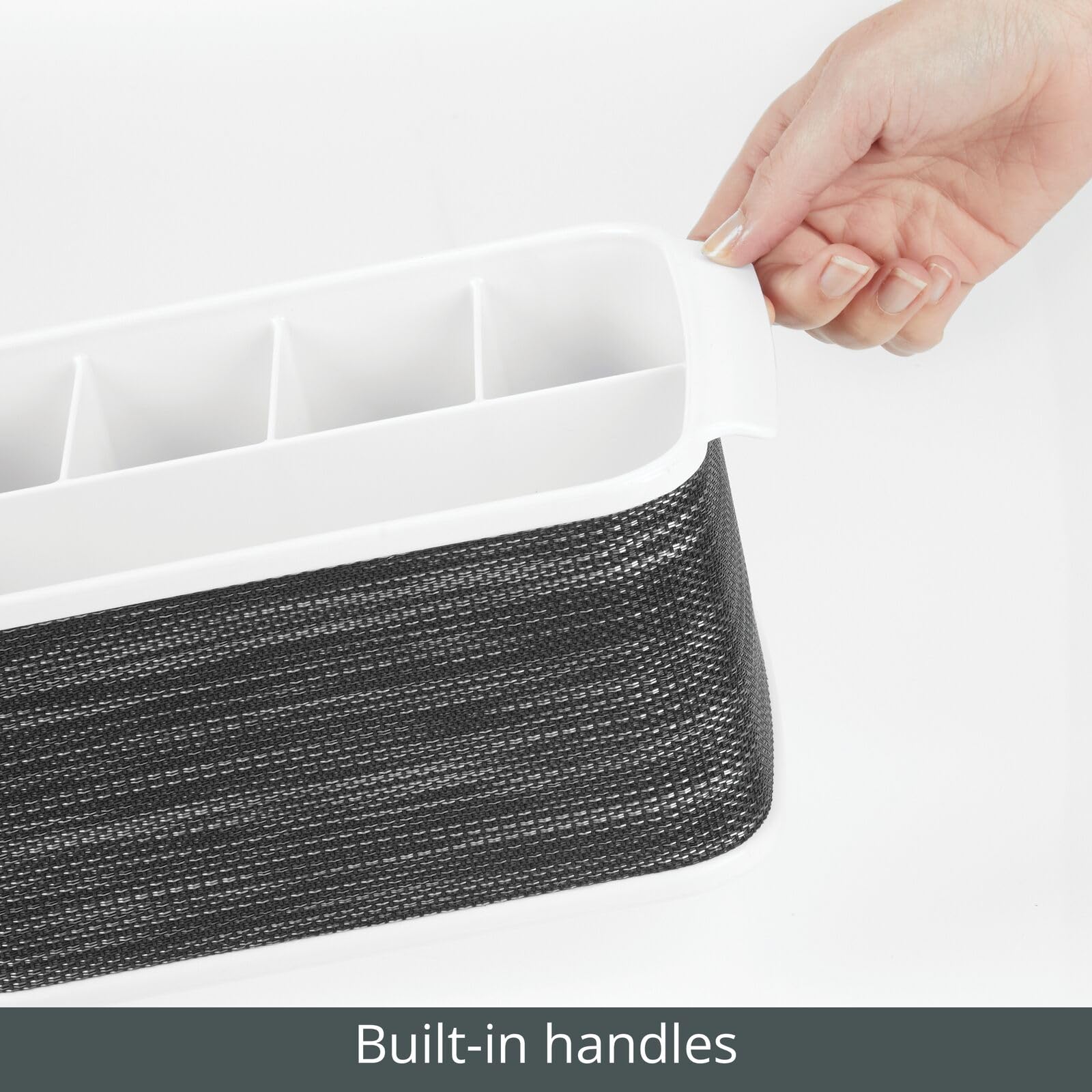 mDesign Plastic Cutlery Storage Organizer Caddy Tote Bin with Handles for Kitchen Cabinet or Pantry - Holds Forks, Knives, Spoons, Napkins - Indoor or Outdoor Use, Woven Accent - White/Graphite Gray