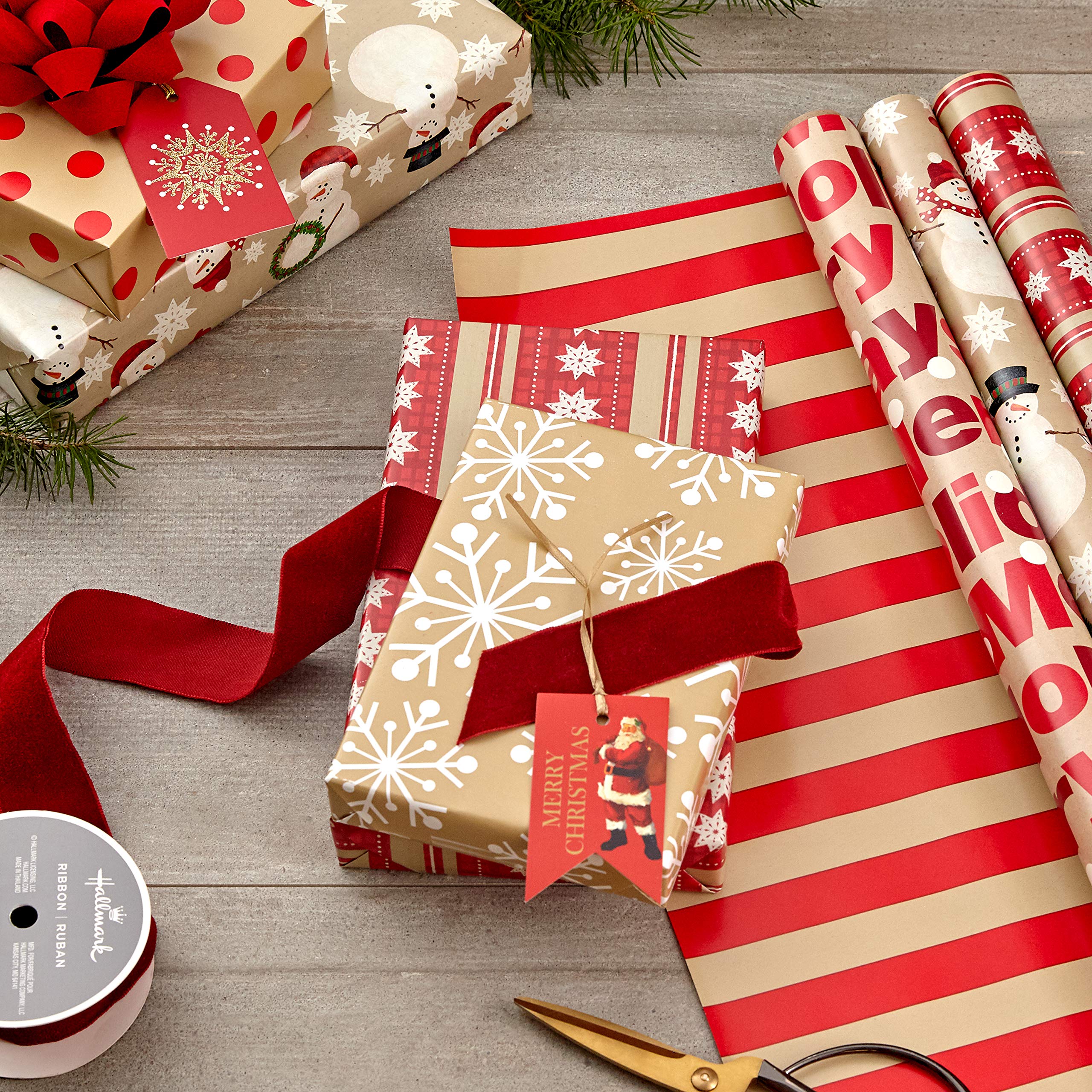 Hallmark Reversible Christmas Wrapping Paper (3 Rolls: 120 sq. ft. ttl) "Merry Holidays," Snowflakes, Snowmen, Red Stripes