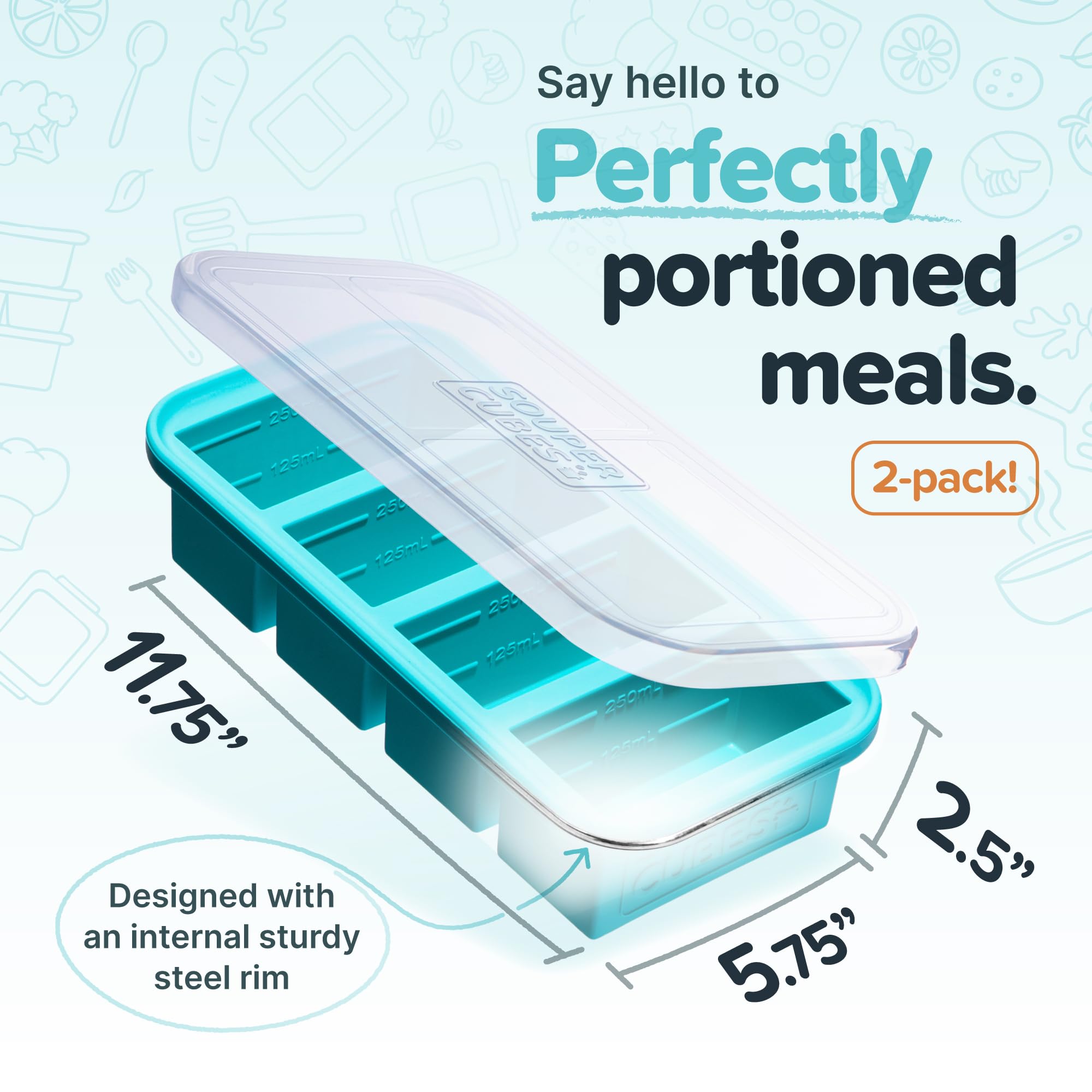 Souper Cubes 1-Cup Extra-Large Silicone Freezing Tray With Lid - Freeze Food Soup Broth Sauce In Perfect 1-Cup Portions, 2-Pack, Aqua Color