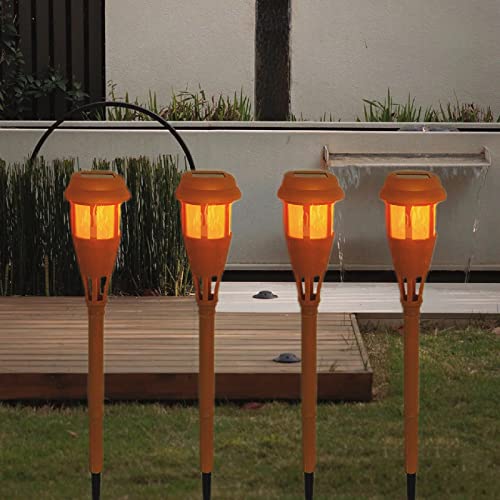LINGYING 4 Pack Solar Torch Lamps,Outdoor Garden Lights,Simulated Bamboo Torch lamp for Ground Lawn Patio Yard,Solar Flame Torch Waterproof Warm White Solar Powered Garden Light
