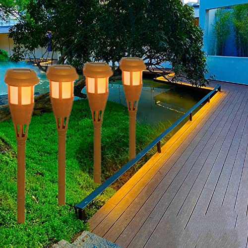 LINGYING 4 Pack Solar Torch Lamps,Outdoor Garden Lights,Simulated Bamboo Torch lamp for Ground Lawn Patio Yard,Solar Flame Torch Waterproof Warm White Solar Powered Garden Light