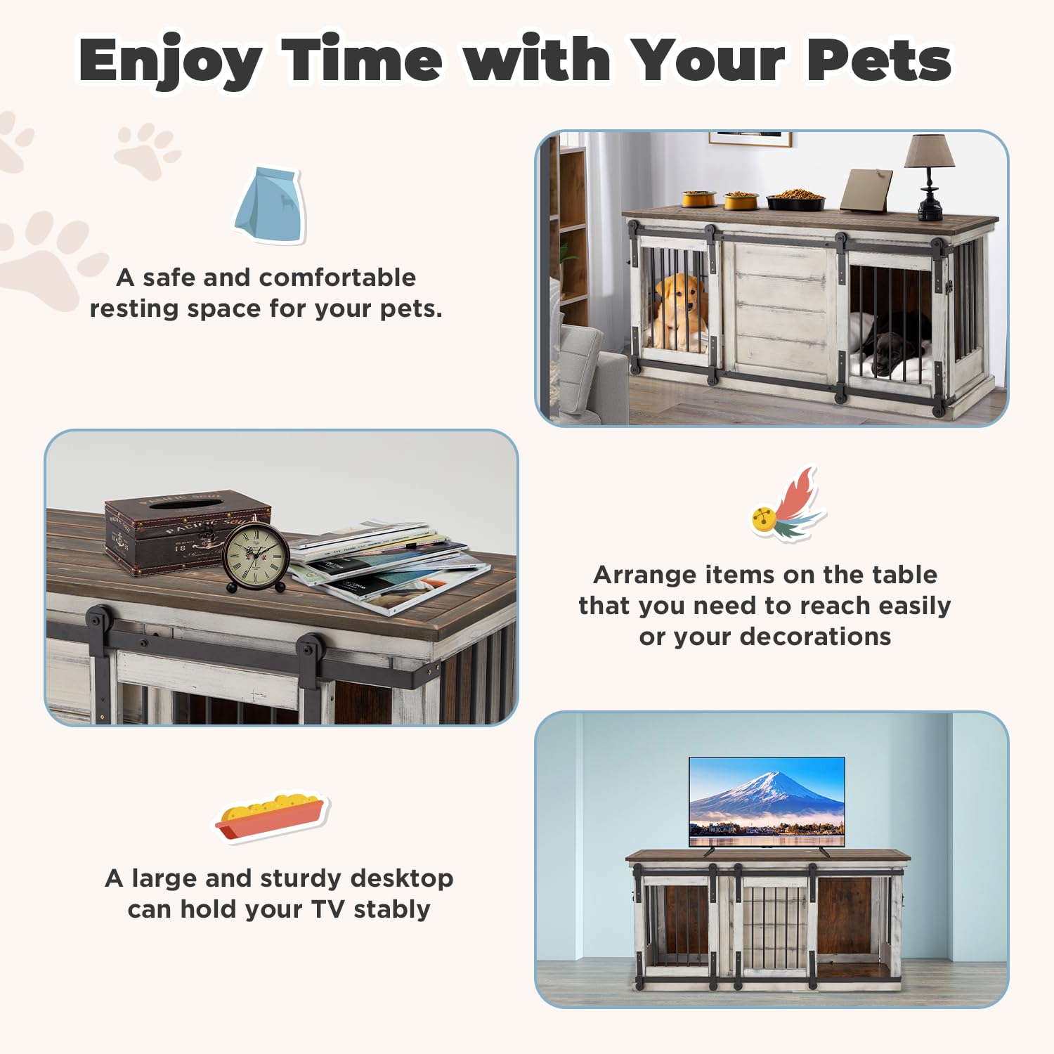 MELLCOM Large Wooden Dog Cage, Durable and Bite Resistant, Spacious with Dividers, Sliding Barn Door Design, White and Brown