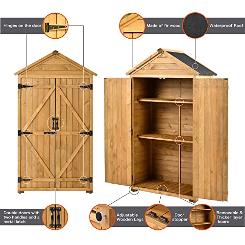 DANGRUUT Upgraded Version Thicken Solid Wood Outside Storage Sheds, Garden Wooden Arrow Shed, Fir Wood Tool Lockers with Waterproof Asphalt Roof, Workstation, 3-Tier Shelves for Backyard (Natural)