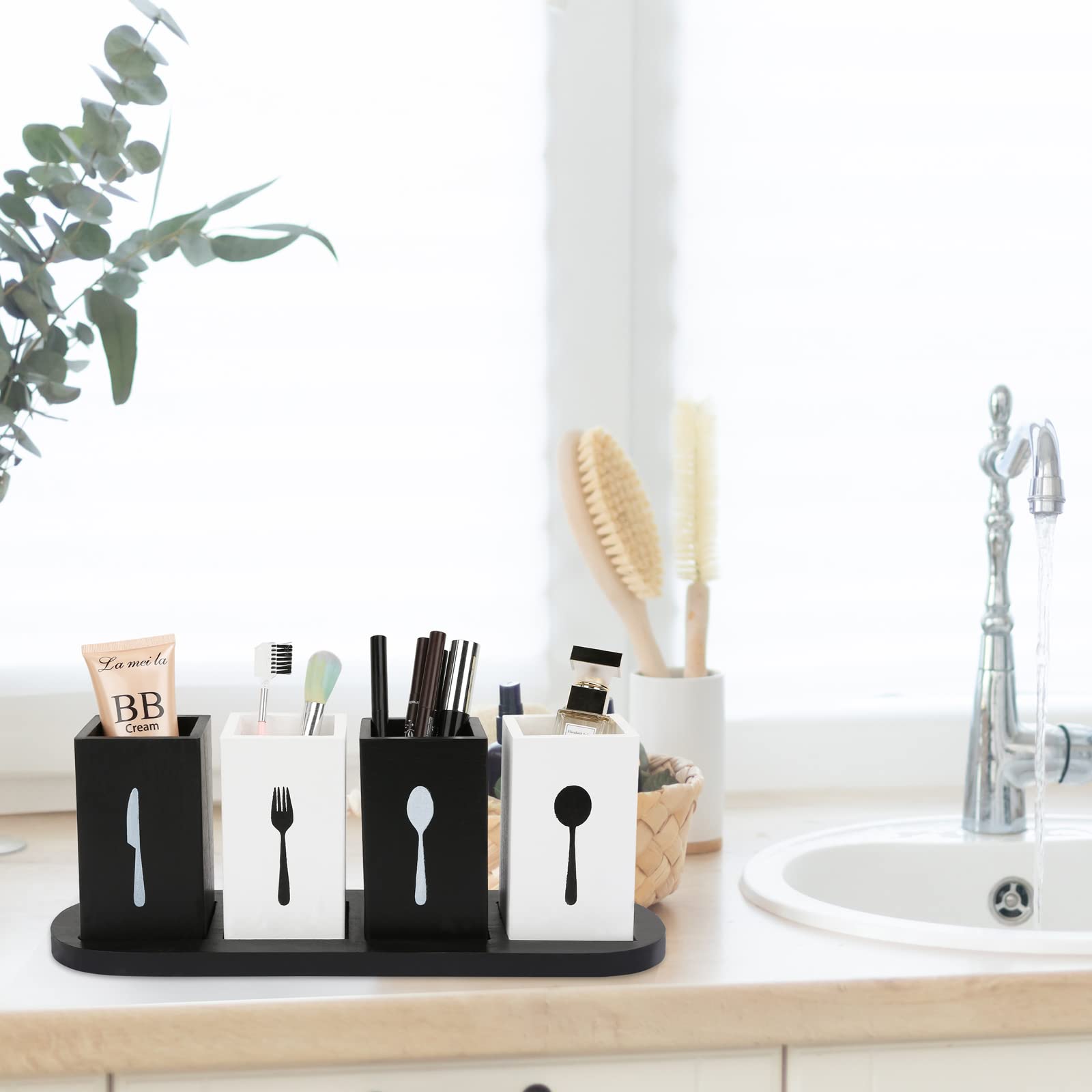 5 Pieces Silverware Holder with Wood Tray, Farmhouse Silverware Holder, Wooden Silverware Organizer, Spoon Fork Holder, Wooden Cutlery Holder, Flatware Organizers for Knives Restaurant Kitchen Storage
