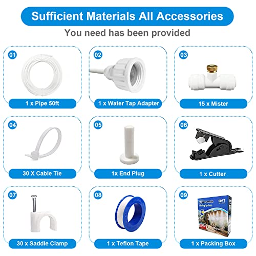 Misters for Outside Patio,Misting System for Cooling Outdoor,50Ft (15M),Water Mist Hose DIY Kit for Porch,Canopy,Deck,Umbrella,Garden,Greenhouse,Yard,Plants,Trampoline Sprinkler Accessories for Kids