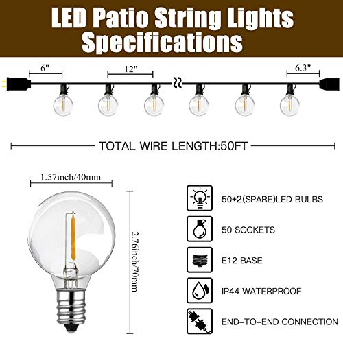 BRILLIHOOD 50ft LED G40 String Lights Outdoor Patio String Lights with 52 Bulbs, Warm White, Outdoor Waterproof Hanging String Light for Garden Bistro Wedding Party Pergola Backyard Decor