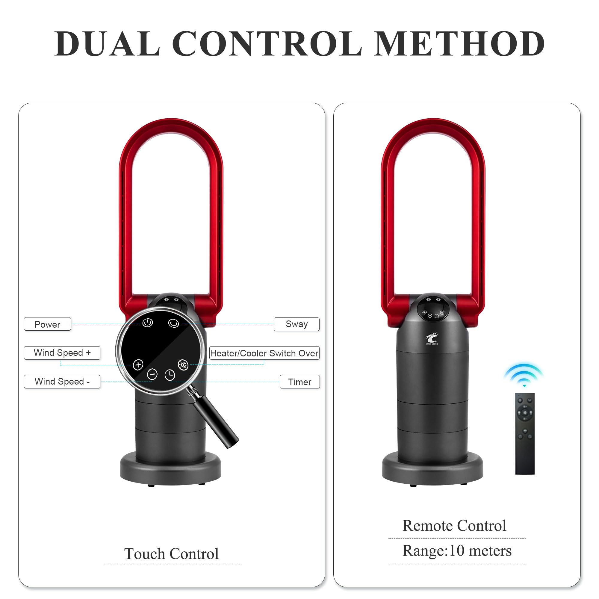 OceanLoong Space Heater & Bladeless Tower Fan All Season for Home, 1500W Eco Electric Heater with Adjustable Thermostat, Tip-Over Switch, Remote Control, Timer, Oscillating, Tilt Head, 29β Red, AB01