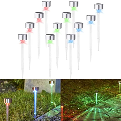 QEEPGG Solar Outdoor Lights, 12pcs Solar Lights Waterproof, Stainless Steel Lampshade LED Light, Multi-Color Changing Solar Landscape Lights for Lawn, Patio, Yard, Walkway, Driveway and Garden