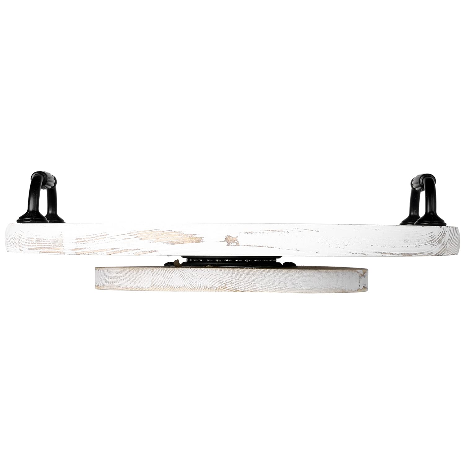 MyGift 12 Inch Whitewashed Wood Lazy Susan Turntable Rotating Tray, Round Condiment Serving Tray with Black Vintage Metal Handles