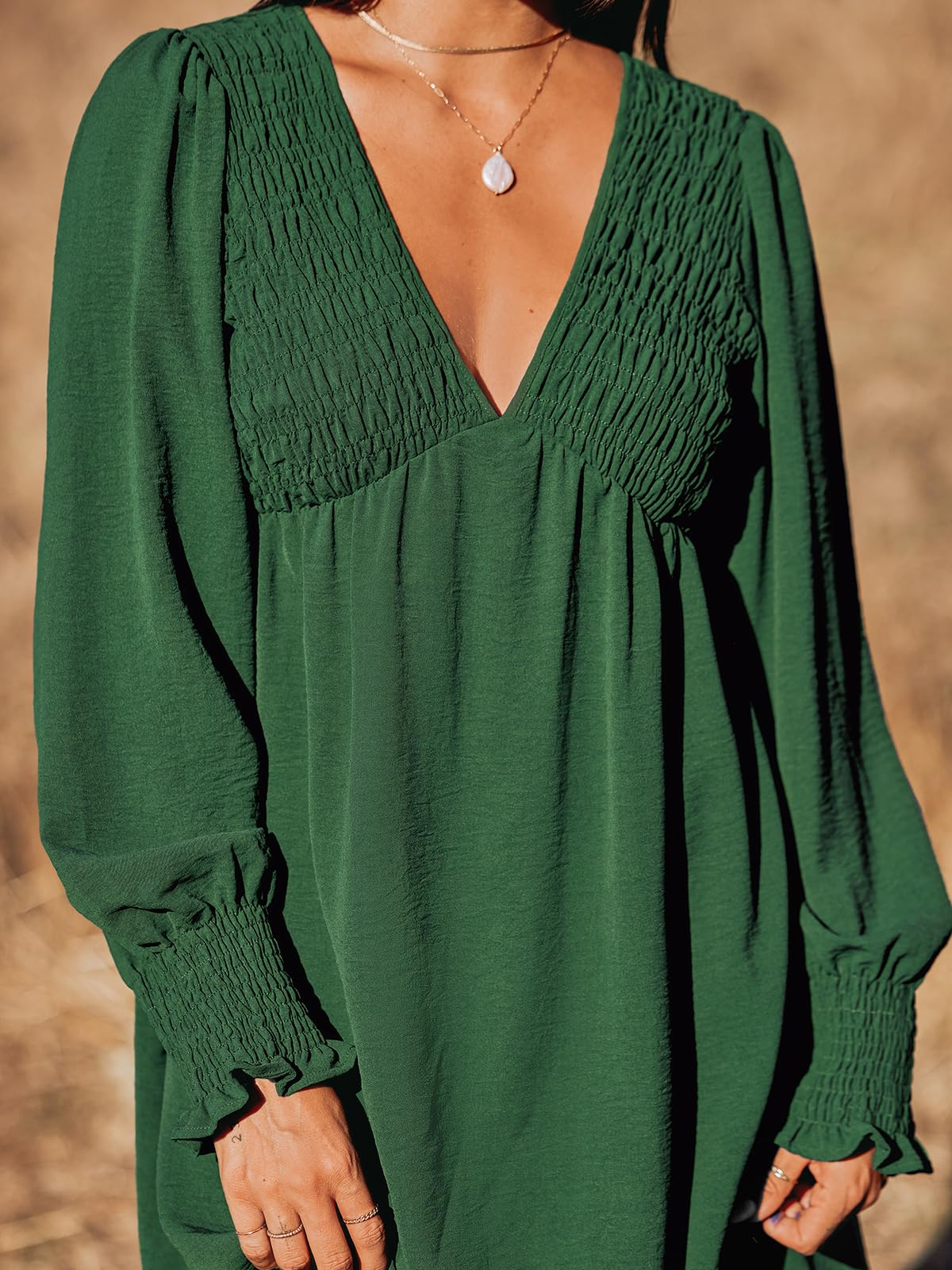 CUPSHE Women's Mini Dress Smocked V Neck Long Sleeve Empire Waist Casual A Line Green Dress