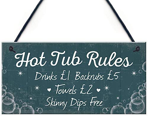 Meijiafei Funny Hot Tub Rules Novelty Hanging Garden Shed Plaque Pool Funny Gift Sign 10" X 5"