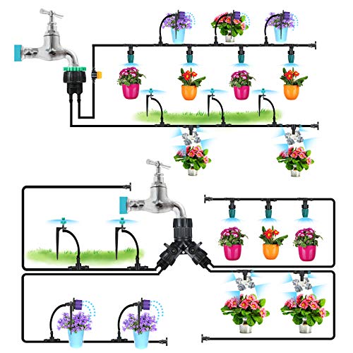 40m/132ft Irrigation Hose, 163Pcs Garden Irrigation System Micro Drip Irrigation Kit with Y Hose Splitter & 4 Types Nozzles & 5 Tubing Valves, DIY Auto Plant Watering Kit Misting Cooling System
