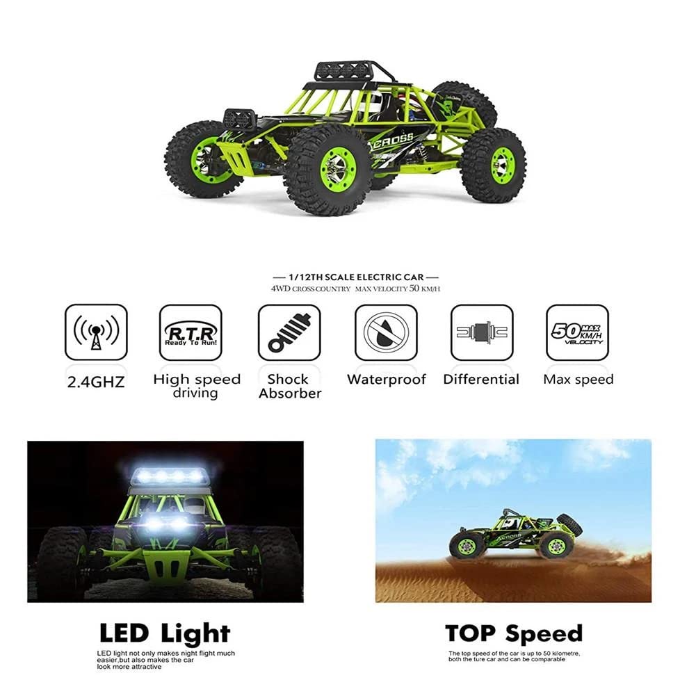 GuliTech WLtoys High-Speed RC Car 12427 12428 2.4G 1:12 4WD Crawler Remote Control RC Car with LED Light Two Battery Buggy Vehicle Trucks Toys Kid (12427 2 * 1500)