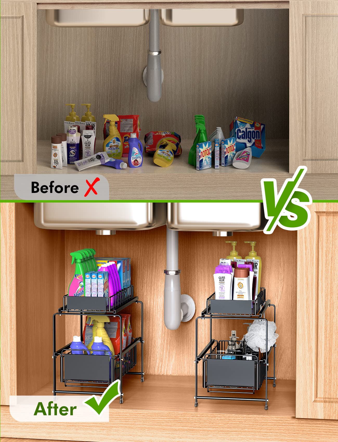 Docusvect Under Sink Organizer, 2-Tier Metal Under Cabinet Sliding Storage, Under Kitchen Sink Organizer, Under Sink Organizers and Storage with Hooks, Organizer for Bathroom Kitchen (Steel-1Pack)