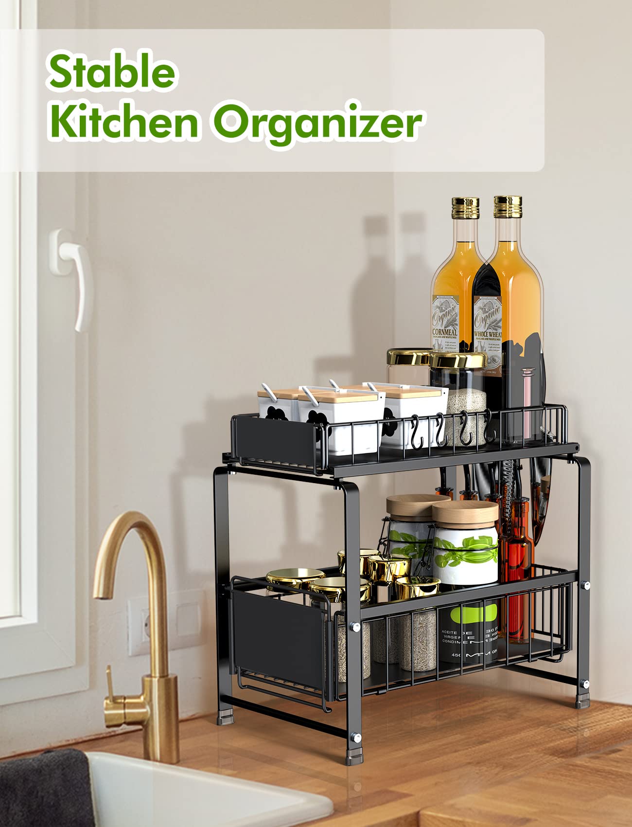 Docusvect Under Sink Organizer, 2-Tier Metal Under Cabinet Sliding Storage, Under Kitchen Sink Organizer, Under Sink Organizers and Storage with Hooks, Organizer for Bathroom Kitchen (Steel-1Pack)