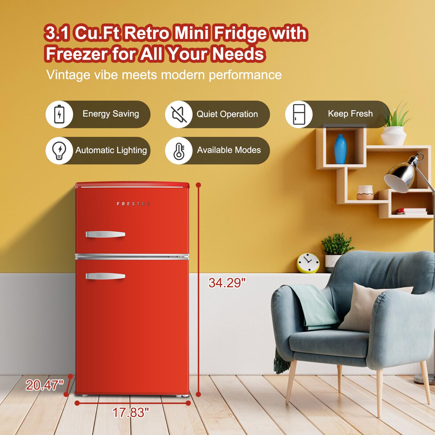 Frestec 3.1 CU' Retro Mini Fridge with Freezer,2-Door Compact Refrigerator,Small Refrigerator for Bedroom Dorm Office Apartment, Red (FR 302 RRED)