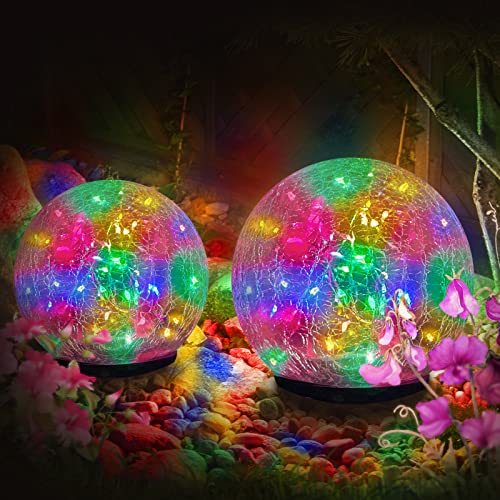 Solar Lights Outdoor, 2 Pack 60LED Cracked Glass Solar Garden Lights, Waterproof Solar Ground Lights for Yard, Patio, Walkway, Lawn, Pathway, Solar Outdoor Decorative Lights (5.9 Inch, Multicolor)