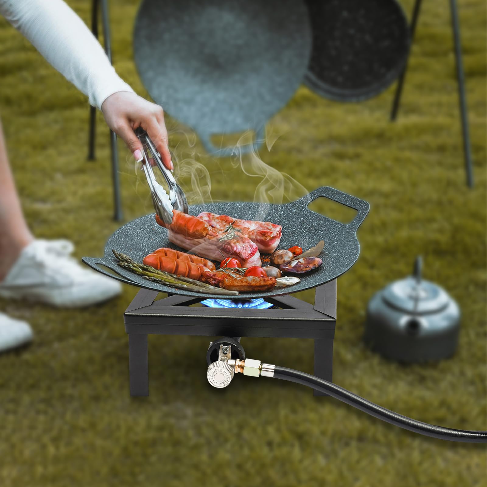 Square Portable Single Burner Outdoor Gas Stove Propane Cooker with Adjustable 0-20Psi Regulator Hose for Patio Camping, BBQ, Home Brewing, Turkey Fry, Maple Syrup Prep