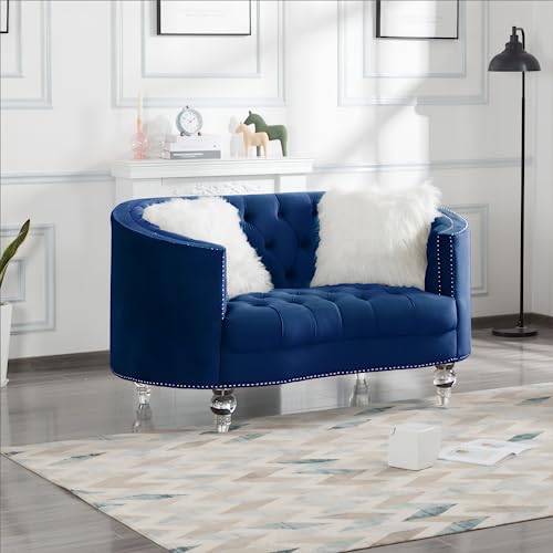 Goohome Modern Chesterfield Loveseat Sofa with Sturdy Wood Legs, Velvet Upholstered 2-Seat Sofá with Button Tufted Back and Round Silver Copper Arms, 2-Person Couch for Living Room, Bedroom