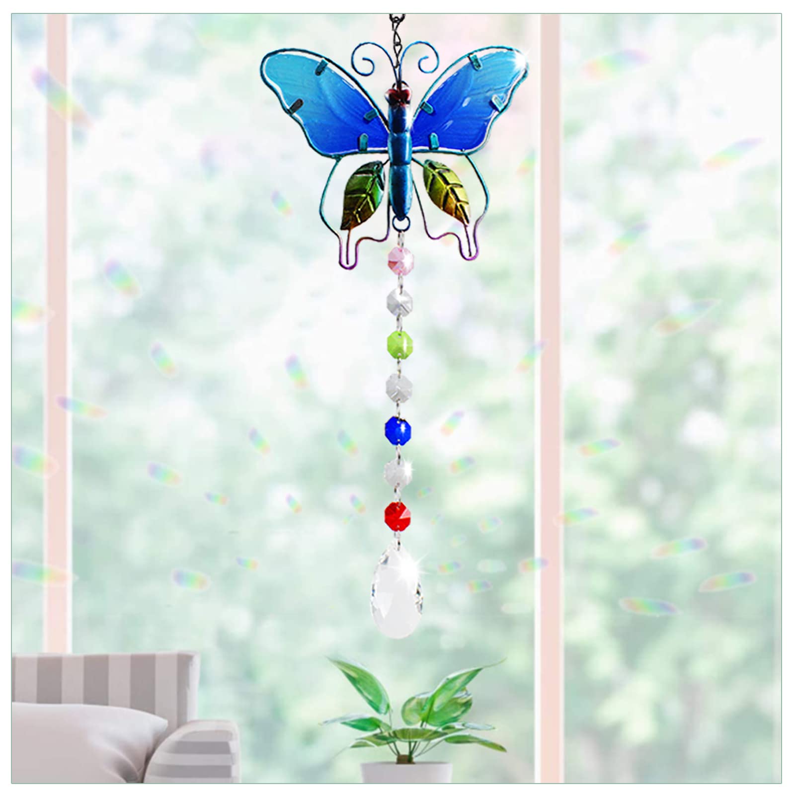 Andiker Crystal Suncatchers Hanging, Stained Glass Butterfly Crystal Ball Prisms Ornament, Rainbow Maker Home Décor for Windows Chandelier Home Garden, Gift for Bird Lovers (Blue)