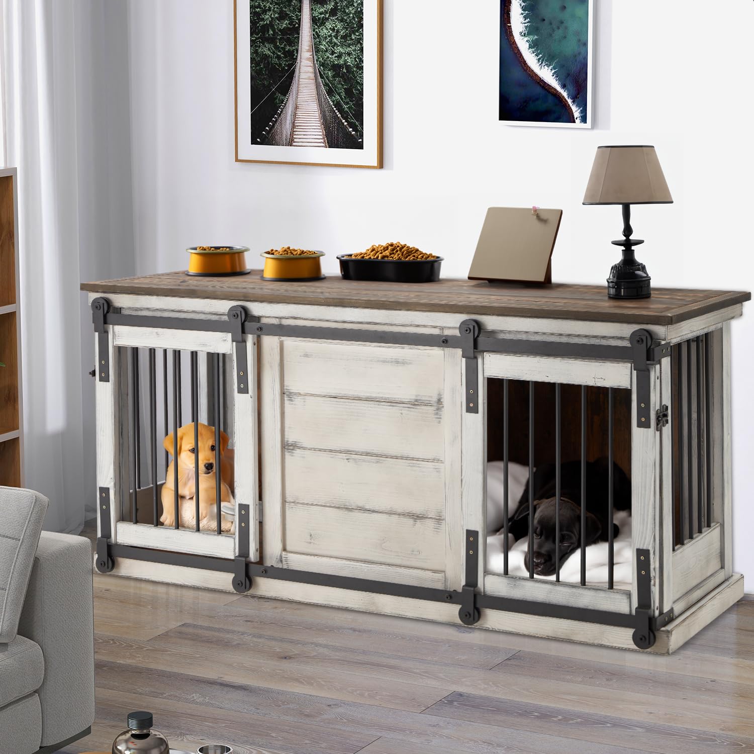 MELLCOM Large Wooden Dog Cage, Durable and Bite Resistant, Spacious with Dividers, Sliding Barn Door Design, White and Brown