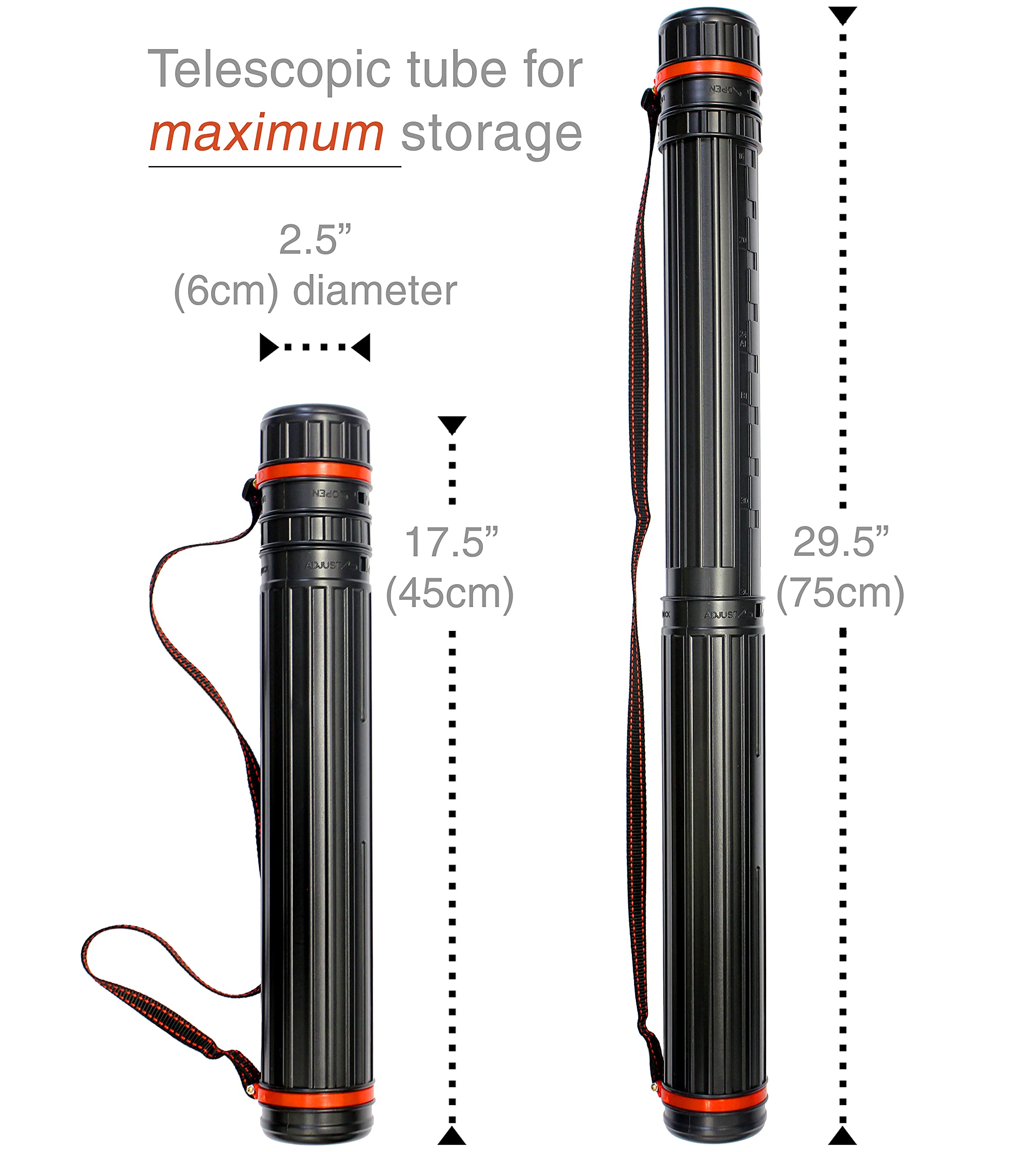 VViViD 17.5” - 29.5” inch Black Telescoping Storage Tube, with Carrying Strap, for Posters, Documents, Art, Blueprints, and More